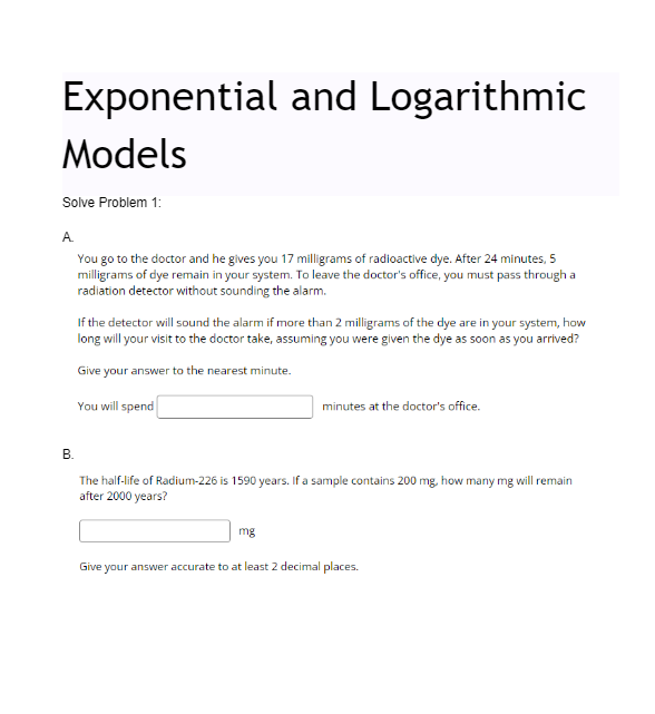 Solved Exponential and Logarithmic Models Solve Problem 1: | Chegg.com