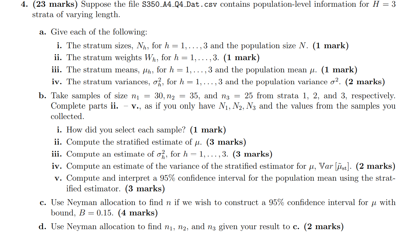 Solved (23 marks) Suppose the file S350_A4_Q4_Dat.csv | Chegg.com