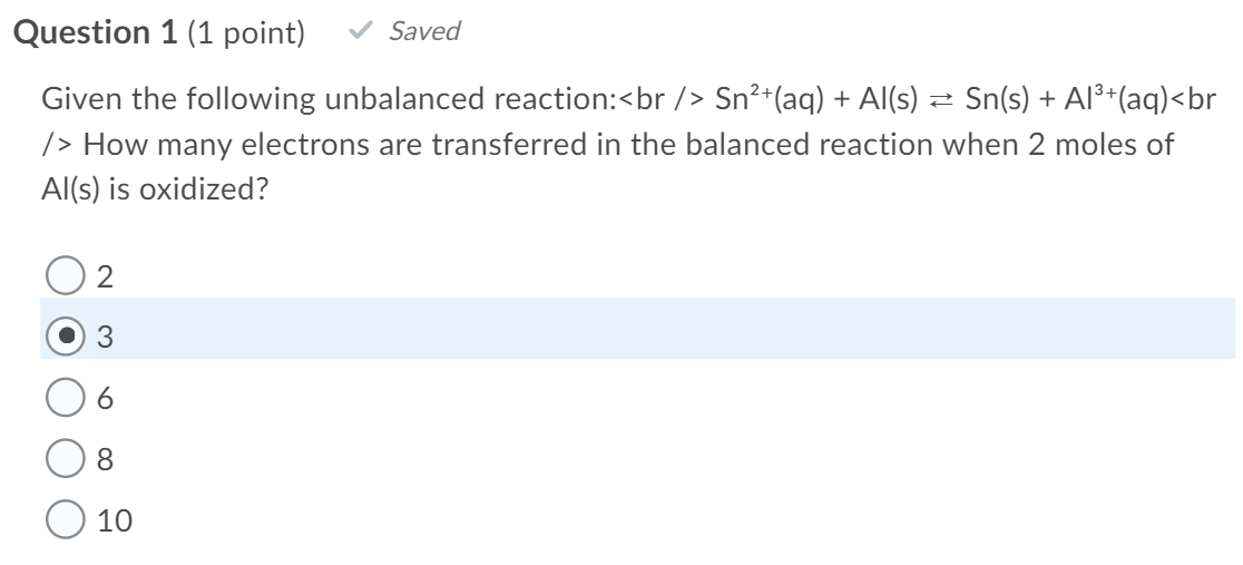 Solved Given the following unbalanced reaction: Sn²⁺(aq) + | Chegg.com