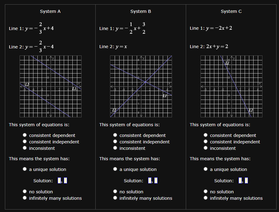 Solved Line 1:y=−32x+4 Line 1:y=−21x+23 Line 1:y=−2x+2 Line | Chegg.com