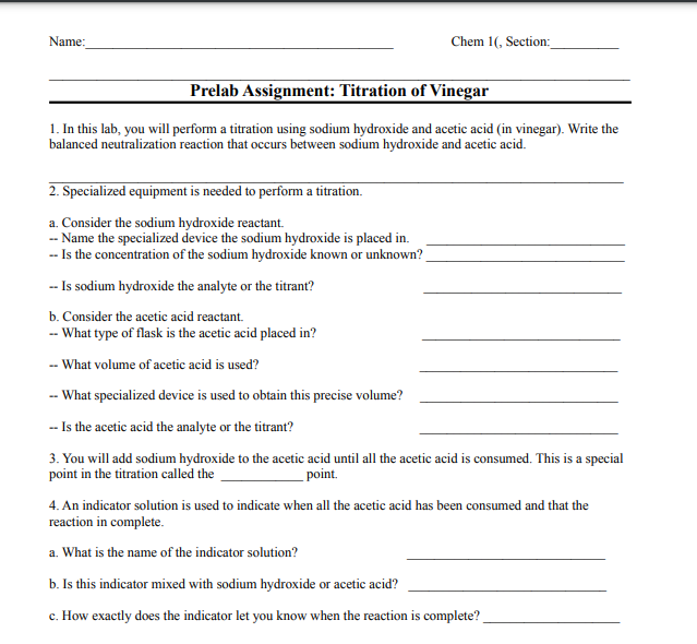 Solved Name: Chem 1, Section: Prelab Assignment: Titration | Chegg.com