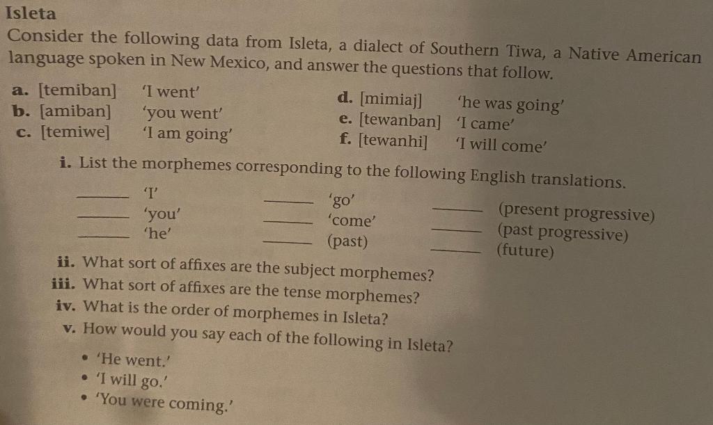 Consider the following data from Isleta, a dialect of | Chegg.com