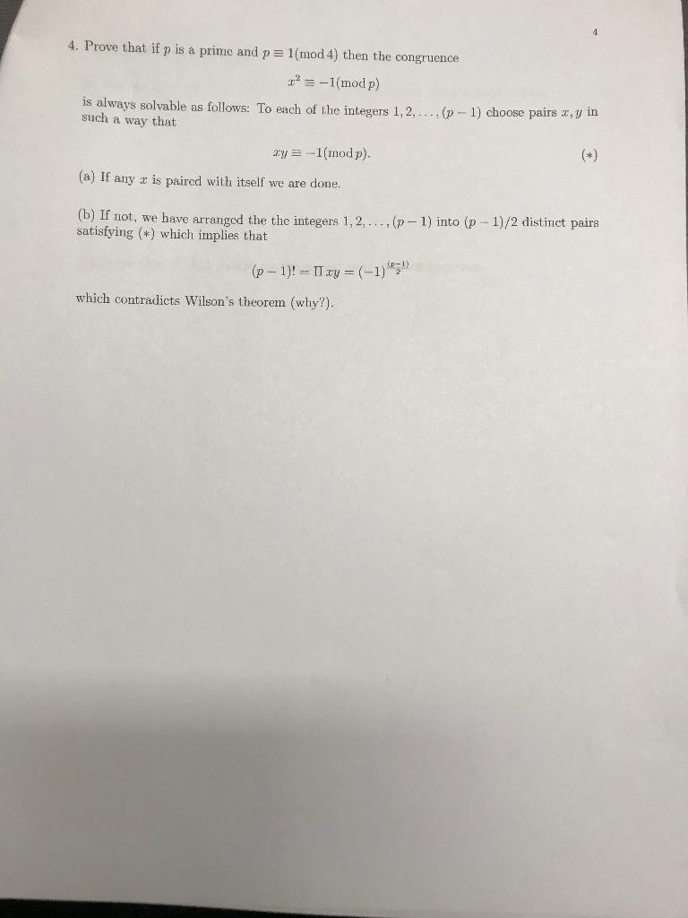 Solved 4. Prove that if p is a prime and p = lſmod 4) then | Chegg.com