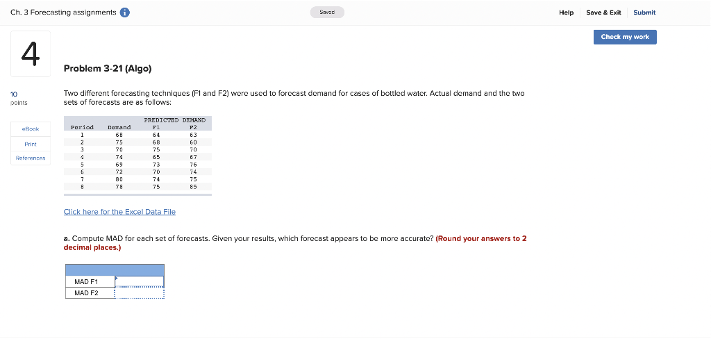 Solved Ch. 3 Forecasting assignments 0 Saved Help Save & | Chegg.com