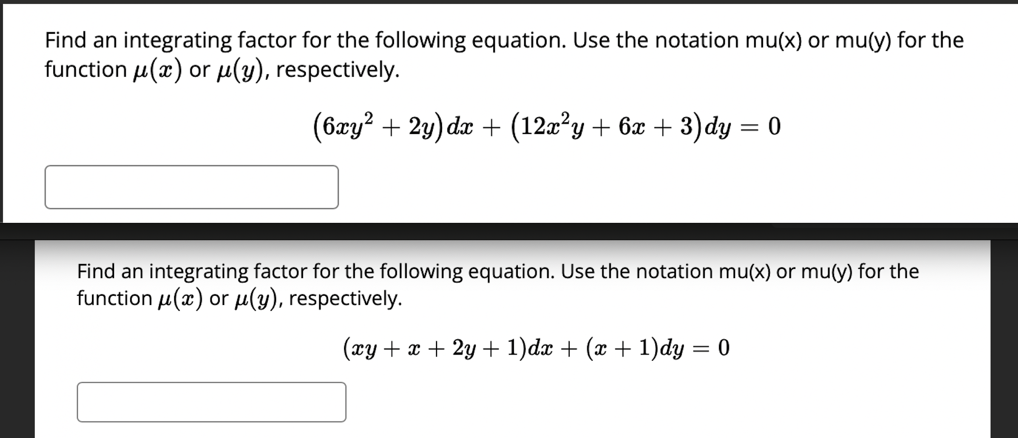 Solved Find an integrating factor for the following | Chegg.com