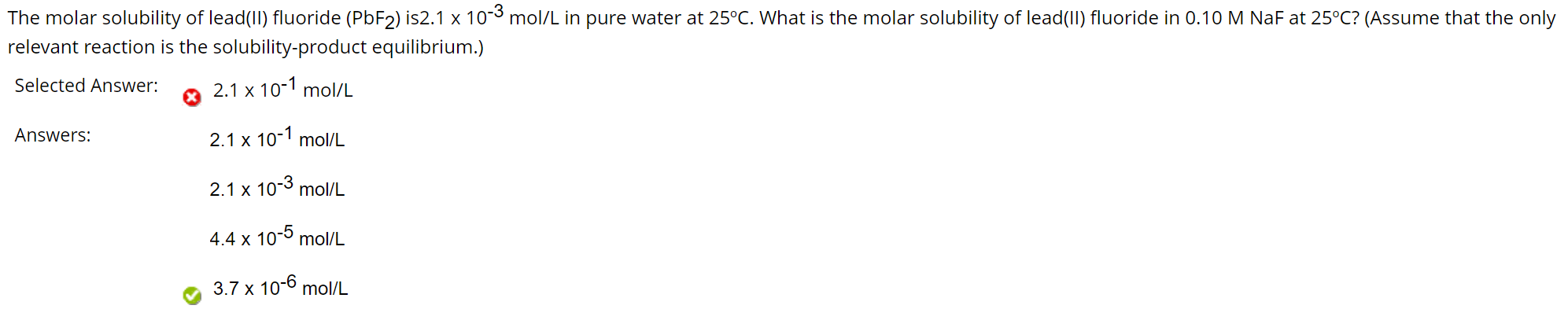 Solved The molar solubility of lead(II) fluoride (PbF2) is | Chegg.com