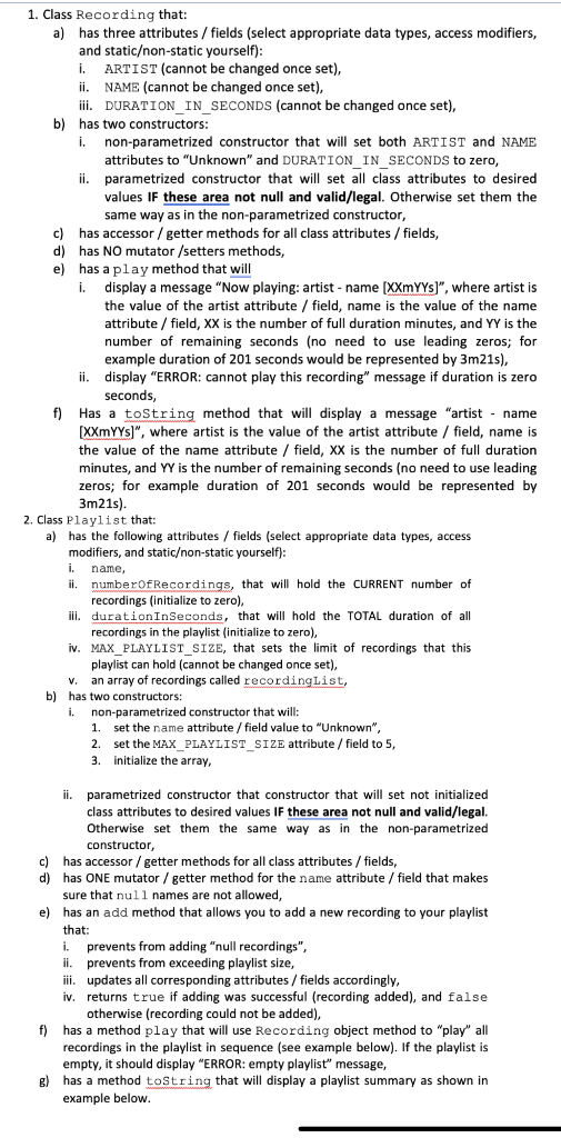 Solved 1. Class Recording that: a) has three attributes / | Chegg.com