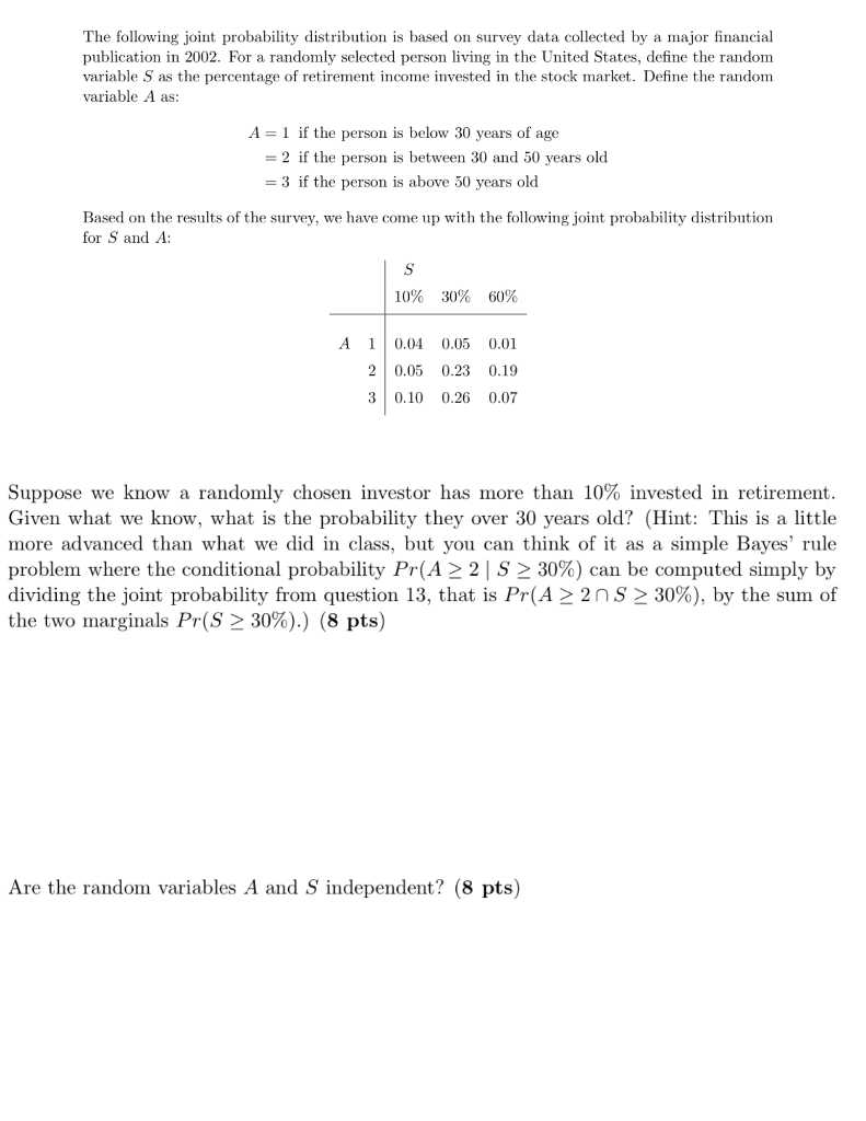 Solved The following joint probability distribution is based | Chegg.com