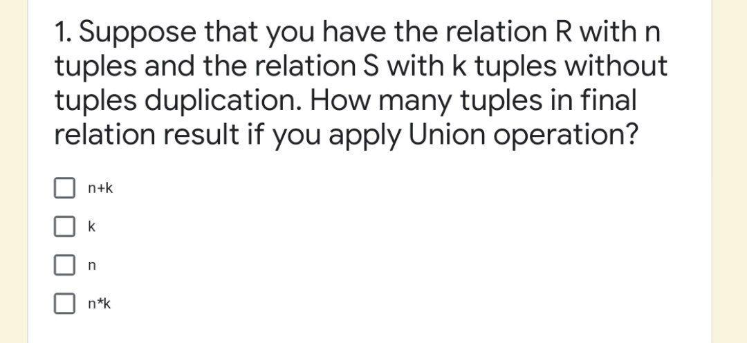 Solved 1. Suppose that you have the relation R with n tuples | Chegg.com