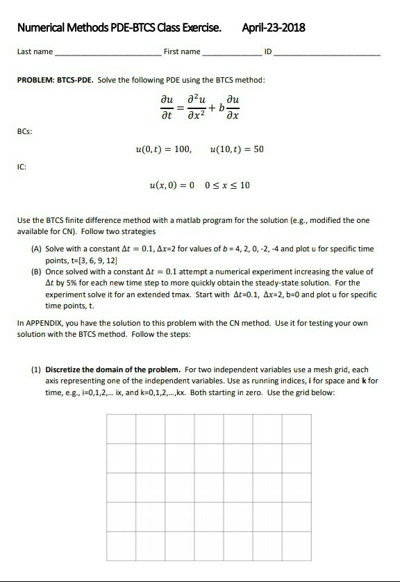 Numerical Methods PDE-BTCS Cass Exercise. | Chegg.com