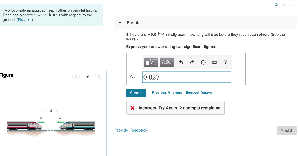 Solved Two locomotives approach each other on parallel | Chegg.com