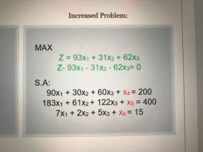 Solved Increased Problem: MAX Z = 93x1 + 31x2 + 62x3 Z- 93x1 | Chegg.com