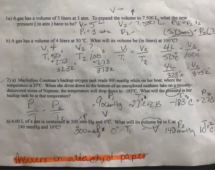 Solved la) A gas has a volume of 5 liters at 3 atm. To | Chegg.com