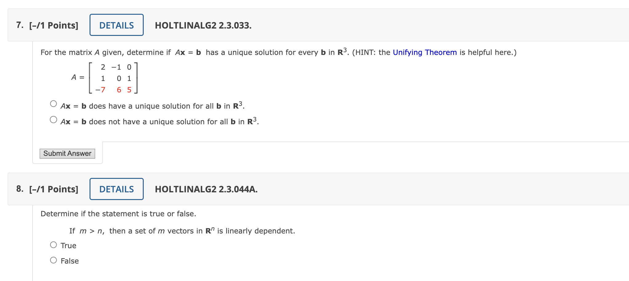 Solved For the matrix A given, determine if Ax=b has a | Chegg.com