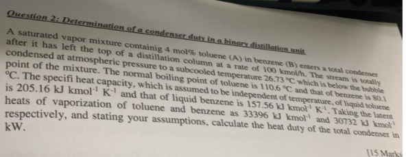 Solved Question 2: Determination of a condenser duty in a | Chegg.com