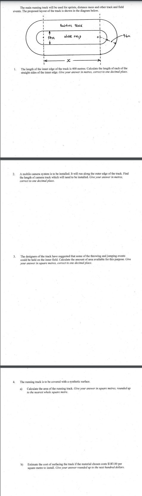 Solved The main running track will be used for sprints, | Chegg.com