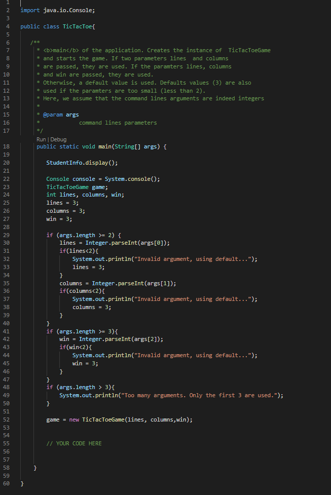 Create a TicTacToe game in Java using these template | Chegg.com