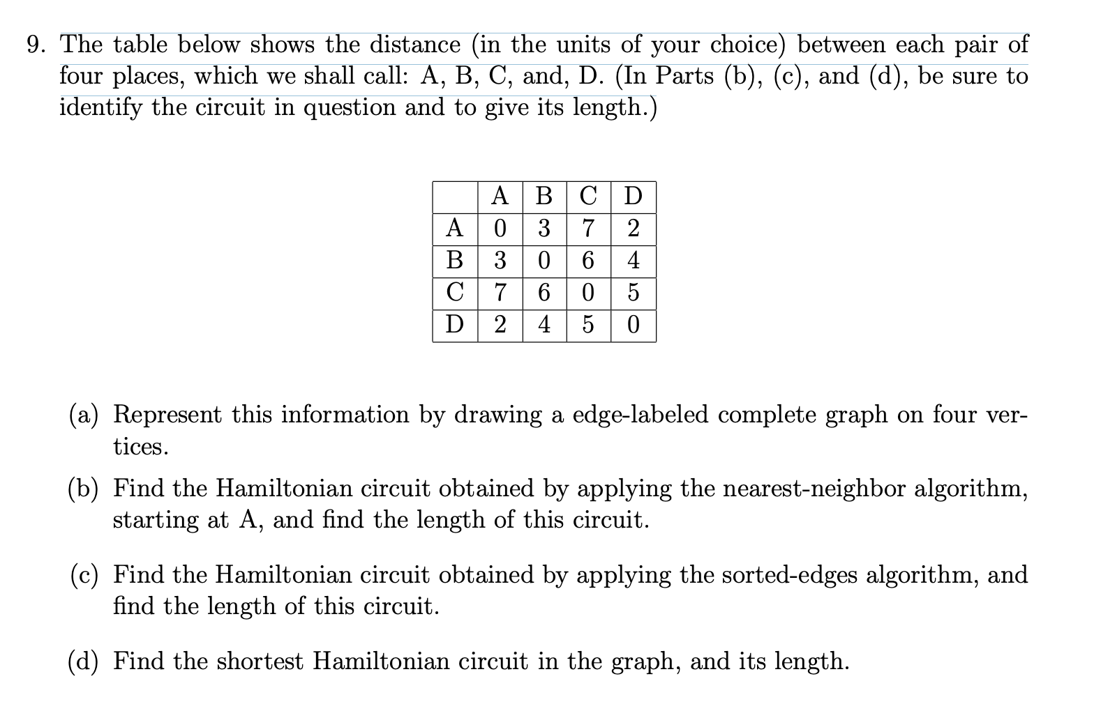 Solved 9. The table below shows the distance (in the units | Chegg.com