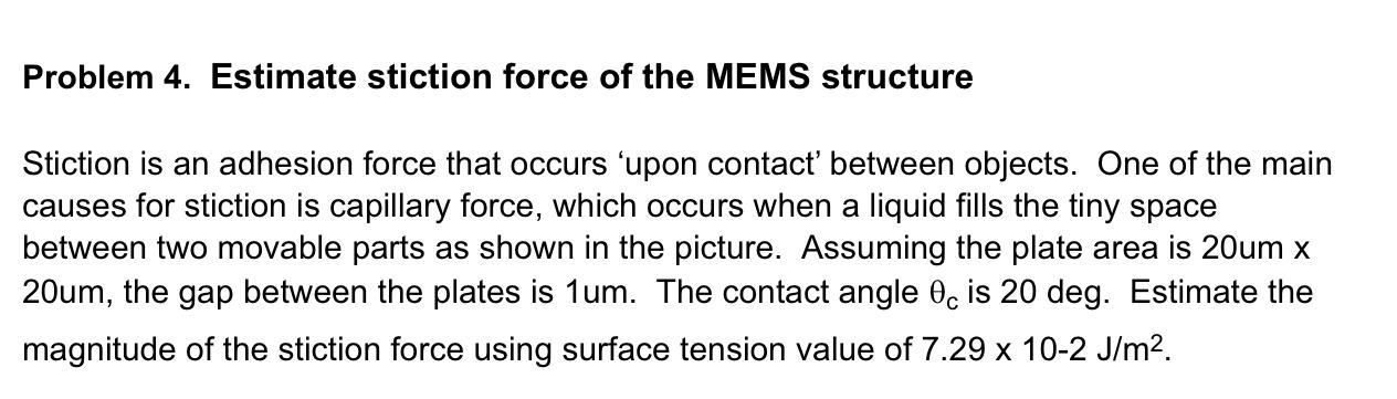 Solved Problem 4. Estimate stiction force of the MEMS | Chegg.com