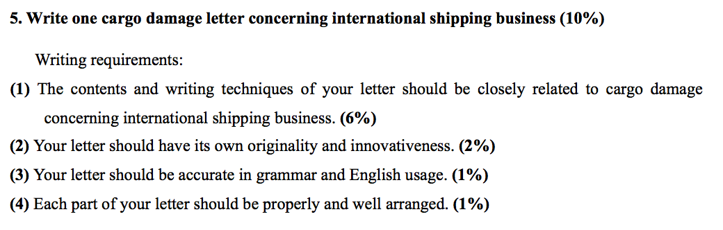 Solved 5. Write one cargo damage letter concerning | Chegg.com