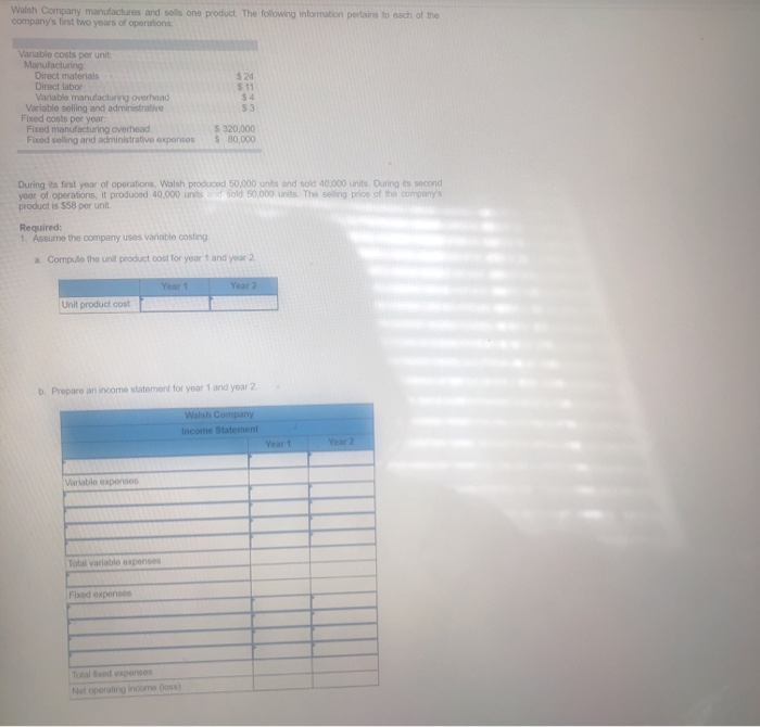Solved Walish Company manufactures and sols ona product. The | Chegg.com