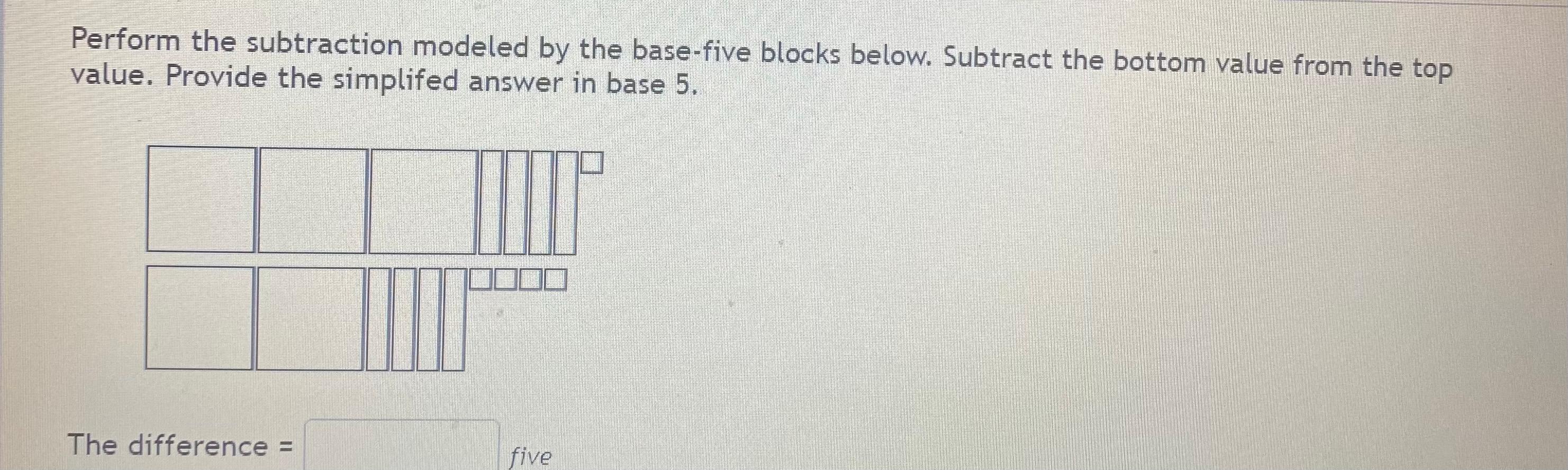 Solved Perform the subtraction modeled by the base-five | Chegg.com