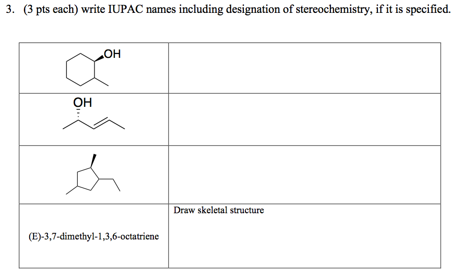 Solved 3. (3 pts each) write IUPAC names including | Chegg.com