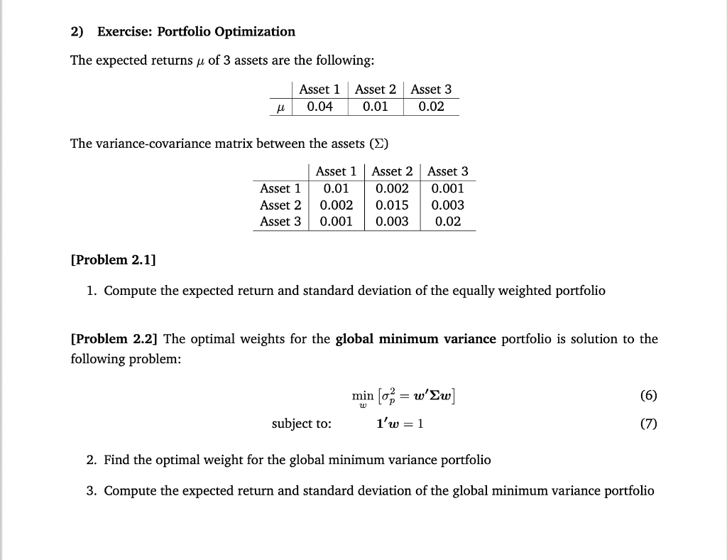 Solved 2 Exercise Portfolio Optimization The Expected Chegg