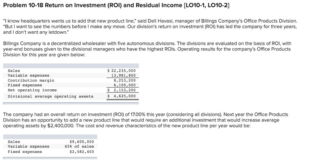 Solved Problem 10-18 Return on Investment (ROI) and Residual | Chegg.com
