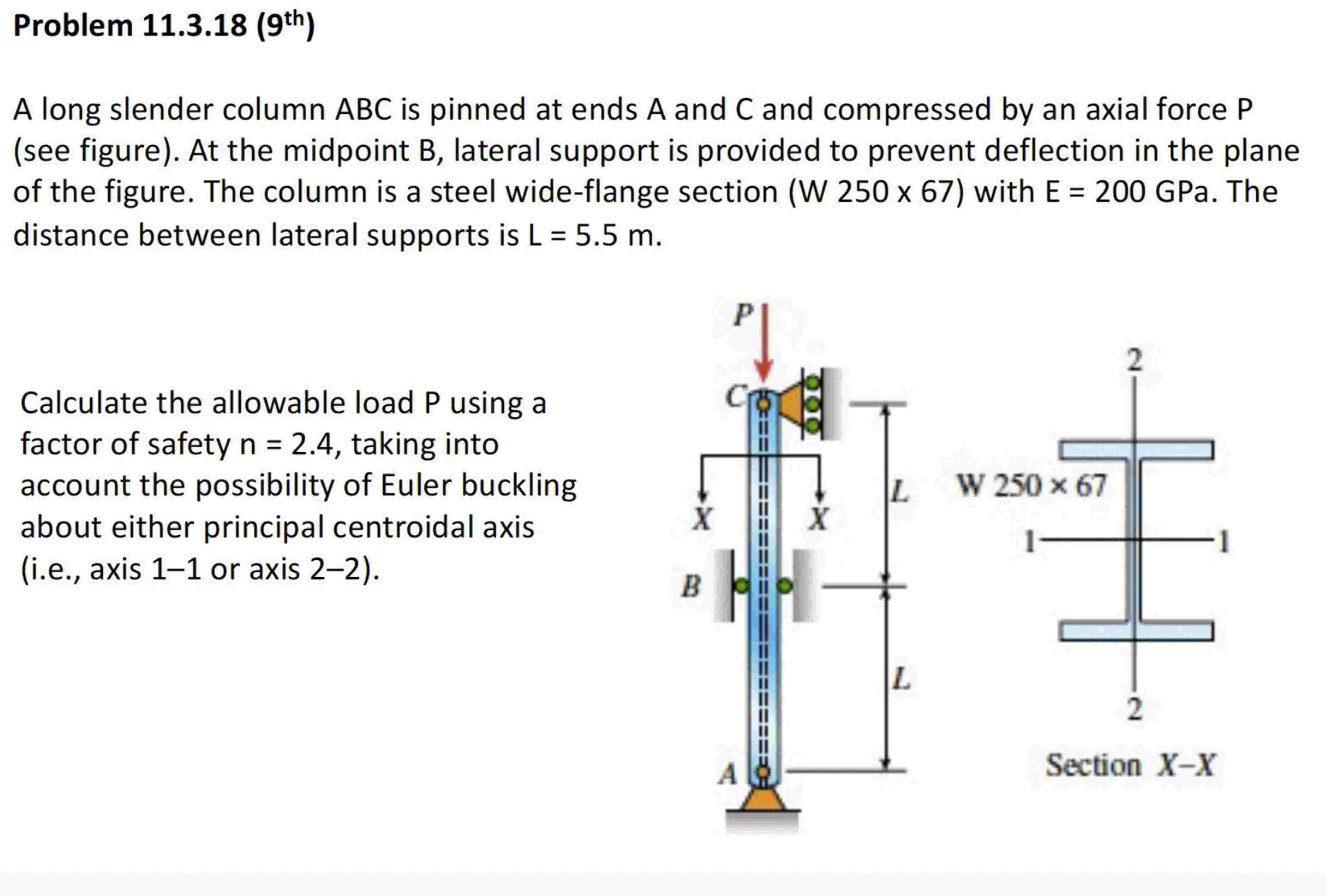 Solved {:9th )A long slender column ABC is ﻿pinned at ﻿ends | Chegg.com