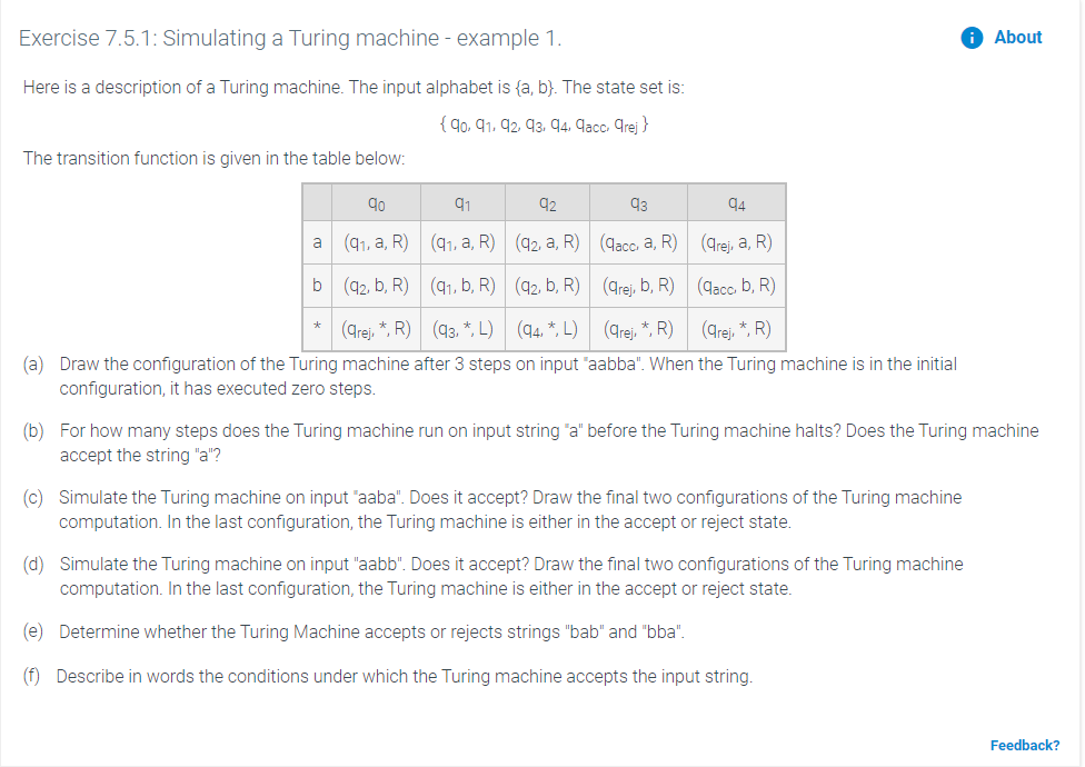 Solved Exercise 7.5.1: Simulating a Turing machine - example | Chegg.com