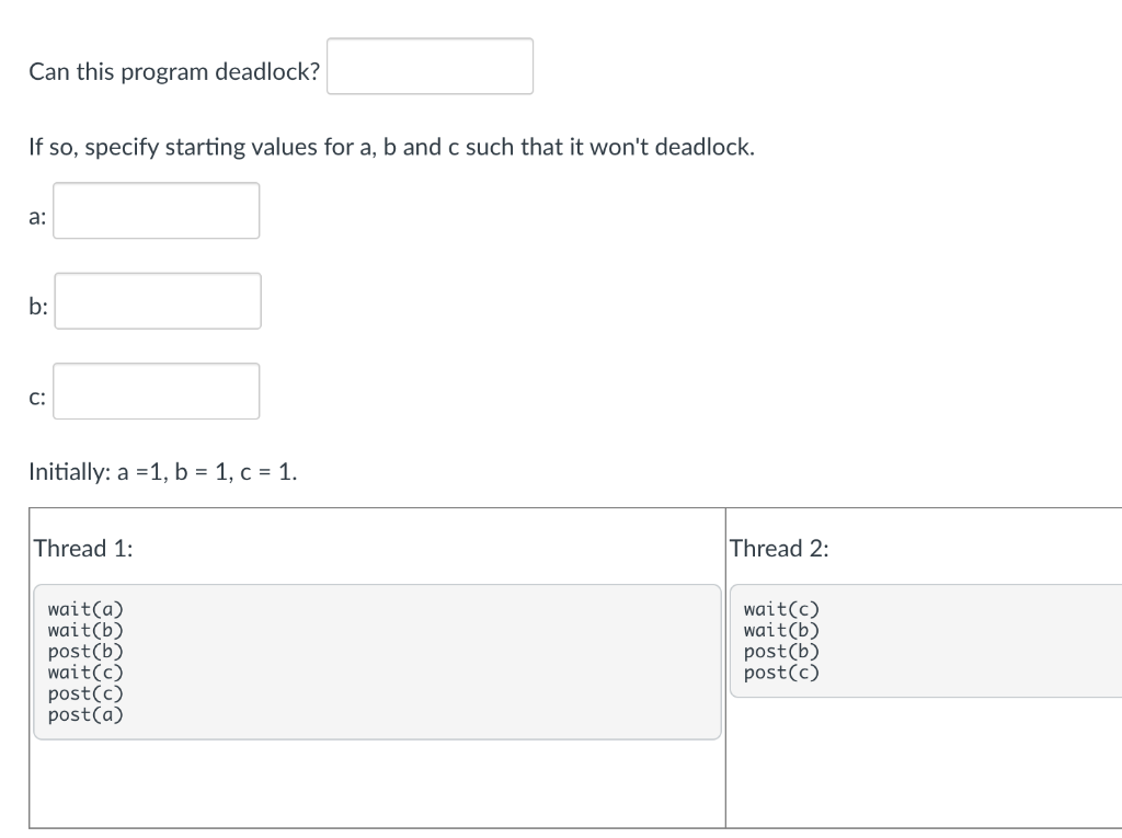 Solved Can this program deadlock? If so, specify starting | Chegg.com