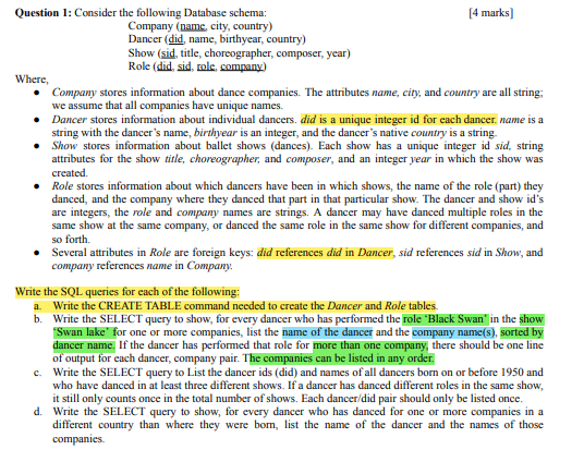 Solved Question 1: Consider the following Database schema: | Chegg.com
