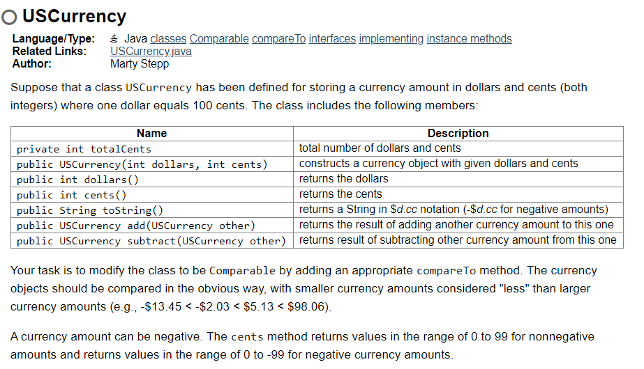 O USCurrency Java classes Comparable compare To | Chegg.com