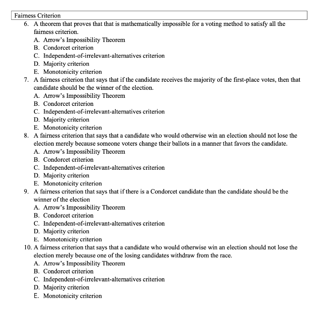 Solved Fairness Criterion 6. A theorem that proves that that | Chegg.com