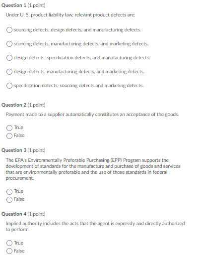 Solved Question 1 (1 point) Under U. S. product liability | Chegg.com