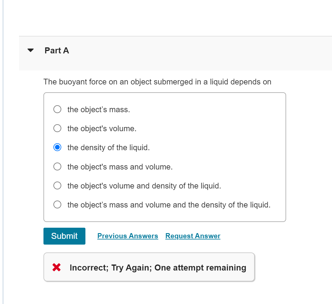 Solved The buoyant force on an object submerged in a liquid | Chegg.com