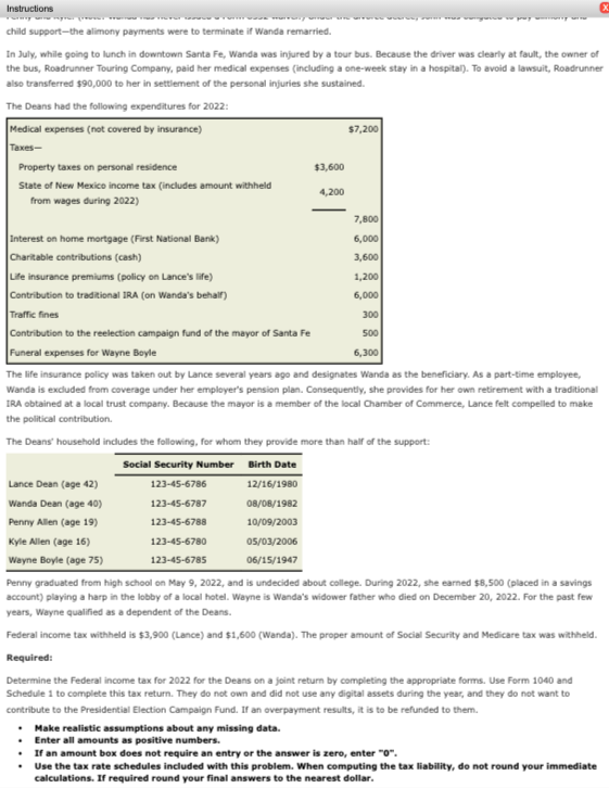 Form 1040 Complete Form 1040 below for Lance and | Chegg.com