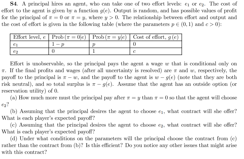 Solved S4. A principal hires an agent, who can take one of | Chegg.com