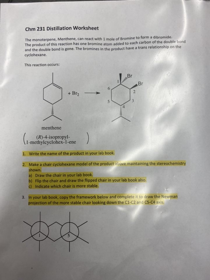 Solved Chm 231 Distillation Worksheet The monoterpene, | Chegg.com
