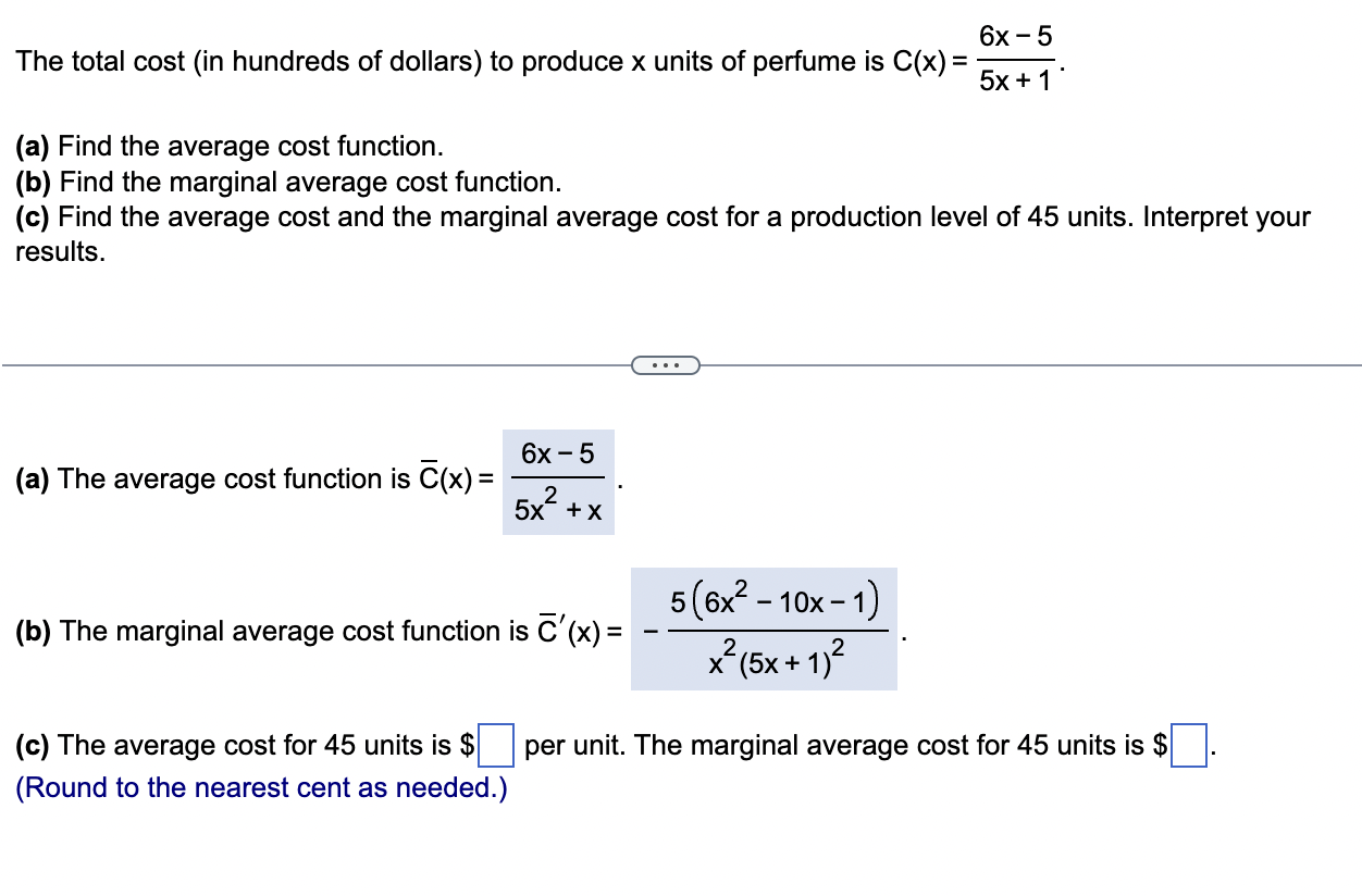 Solved The total cost (in hundreds of dollars) to produce x | Chegg.com
