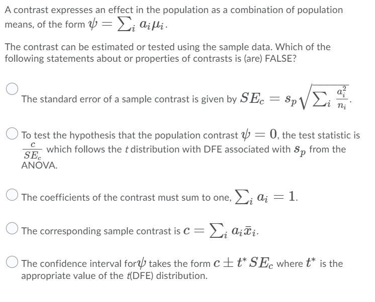 Solved A contrast expresses an effect in the population as a | Chegg.com