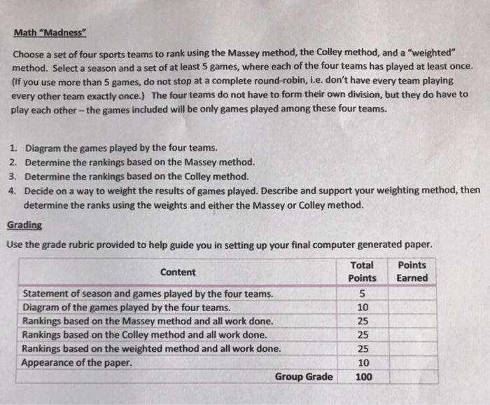Math "Madness" Choose a set of four sports teams to | Chegg.com
