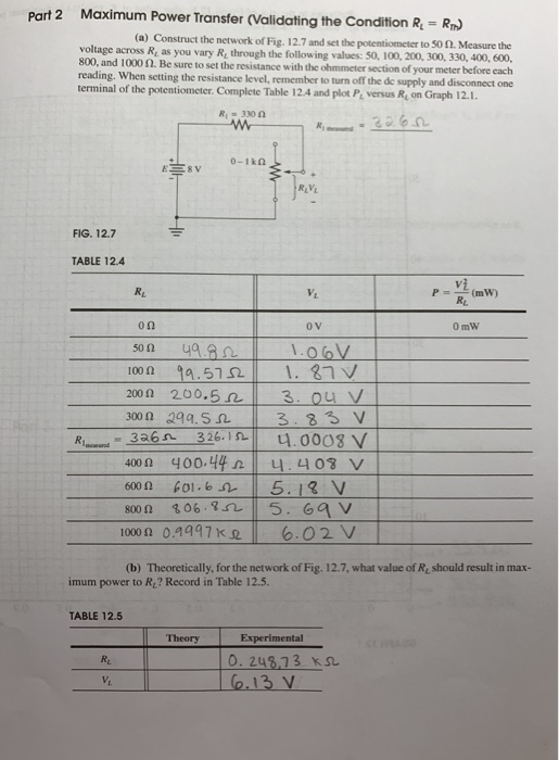 Solved Part 2 Maximum Power Transfer (Validating the | Chegg.com