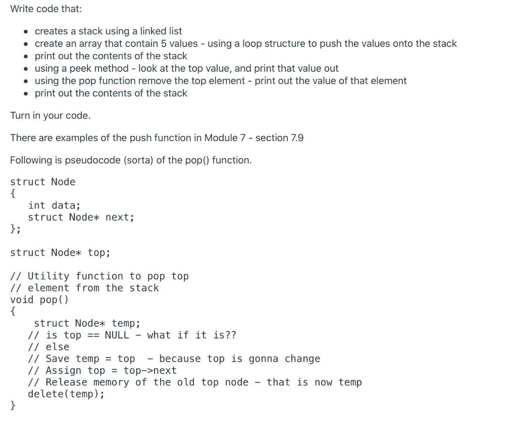 Solved Write code that: • creates a stack using a linked | Chegg.com