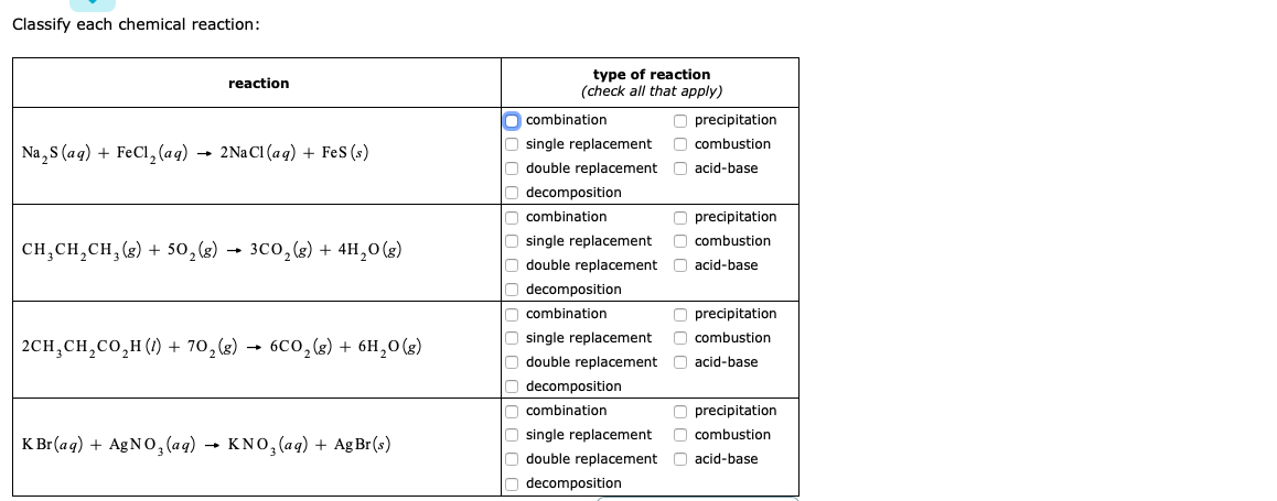 Solved For each chemical reaction in the table below, decide | Chegg.com