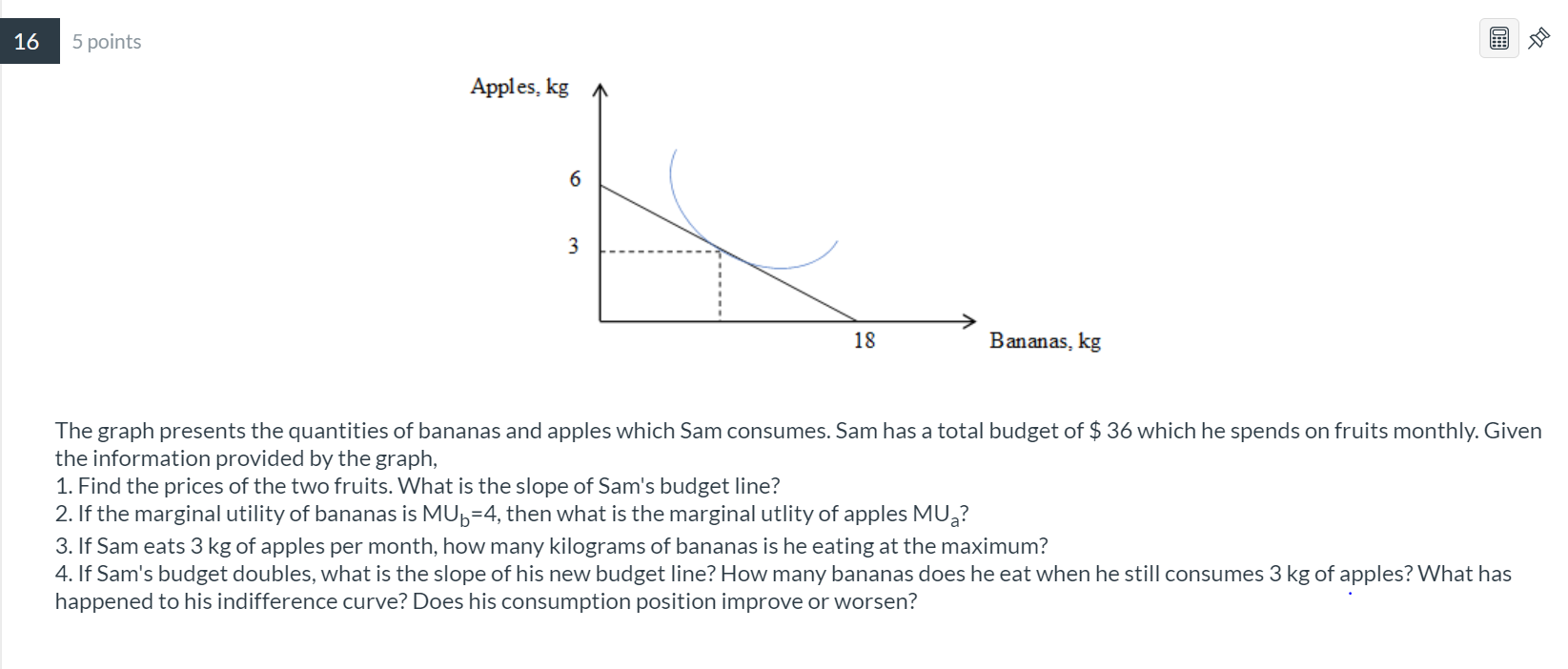 Solved 16 5 points Apples, kg 6 3 18 Bananas, kg The graph | Chegg.com