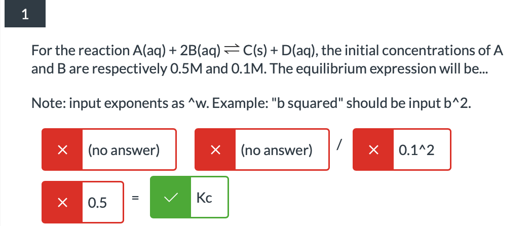 Solved 1 For the reaction A(aq) + 2B(aq) = C(s) + D(aq), the | Chegg.com
