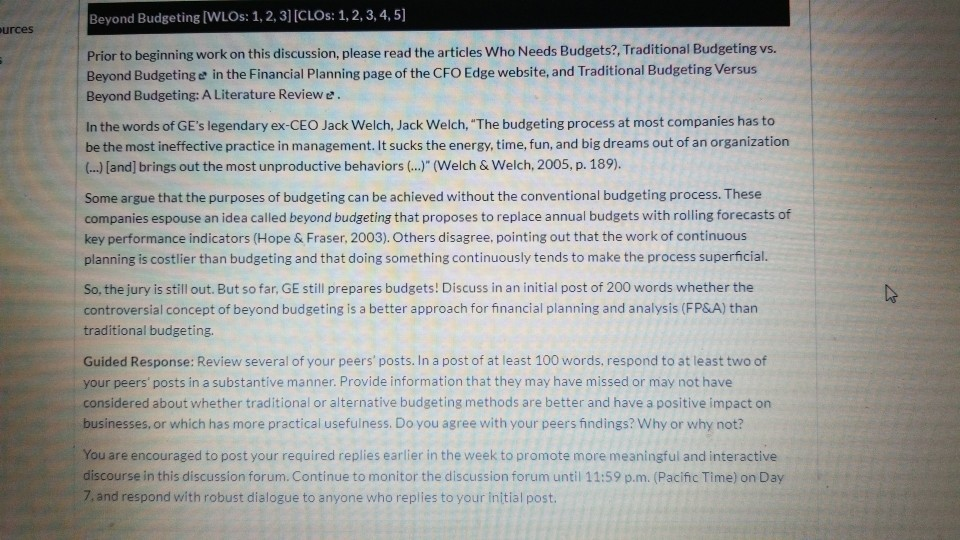 Solved Beyond Budgeting [WLOs: 1, 2, 3] [CLOs: 1,2, 3,4, 5) | Chegg.com