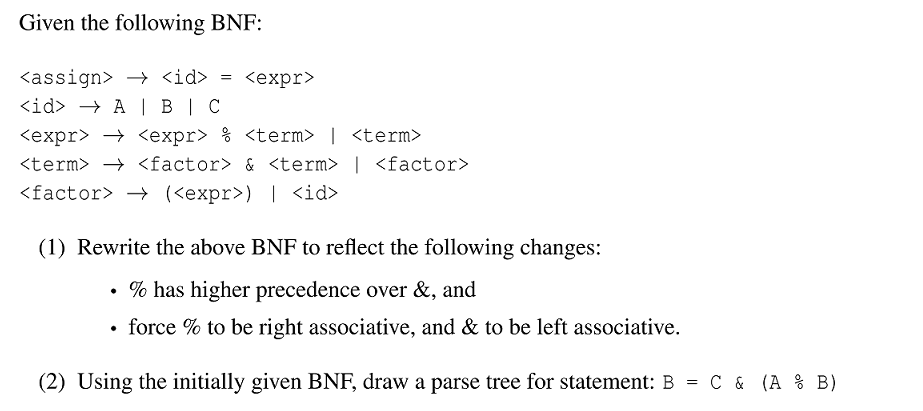 Solved Given the following BNF: assign → id = expr | Chegg.com